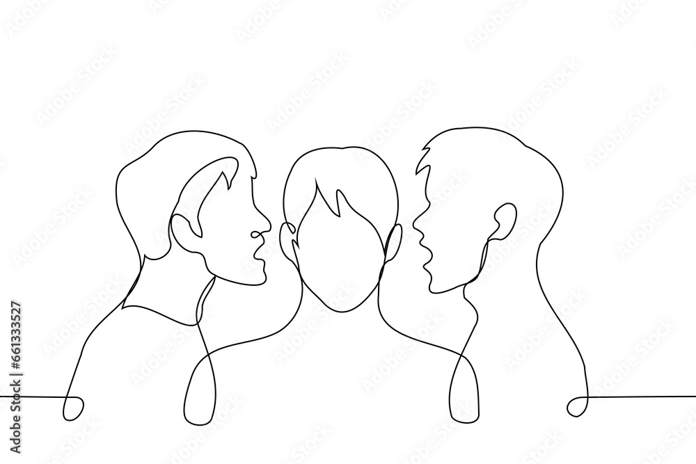 two men whisper in the ears of a man standing between them - one line ...