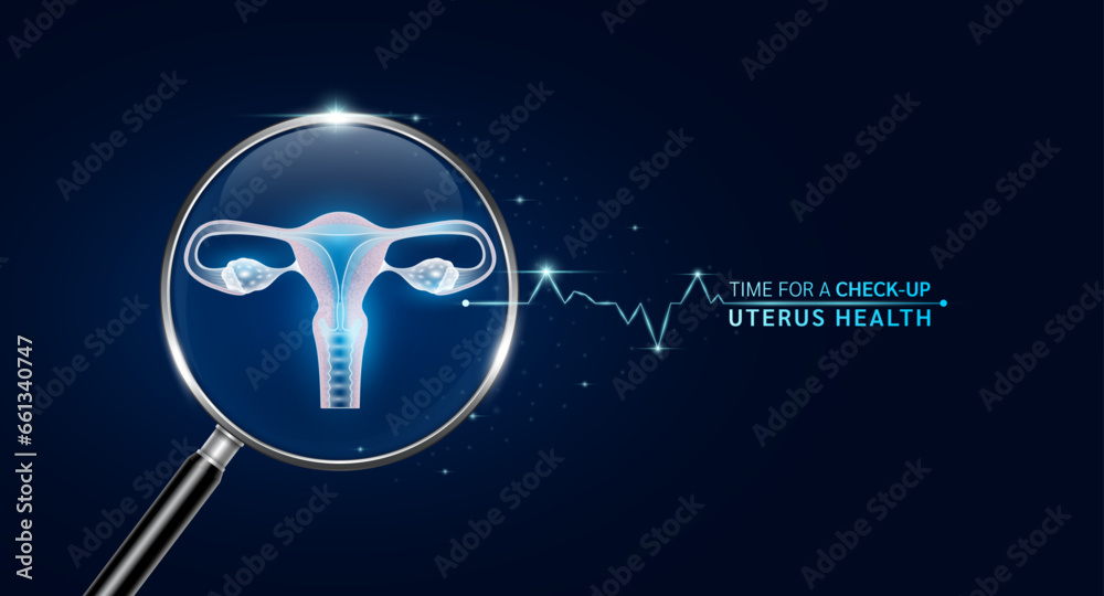Female uterus in magnifying glass with scan search. Health care medical ...