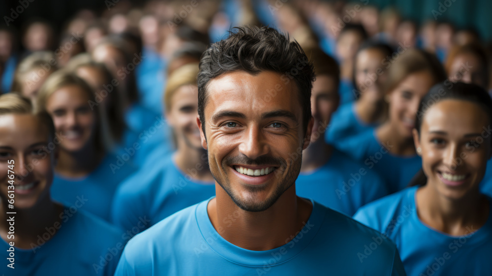 Vivid Blue T-shirts Worn by Teamwork Group of People in Natural ...