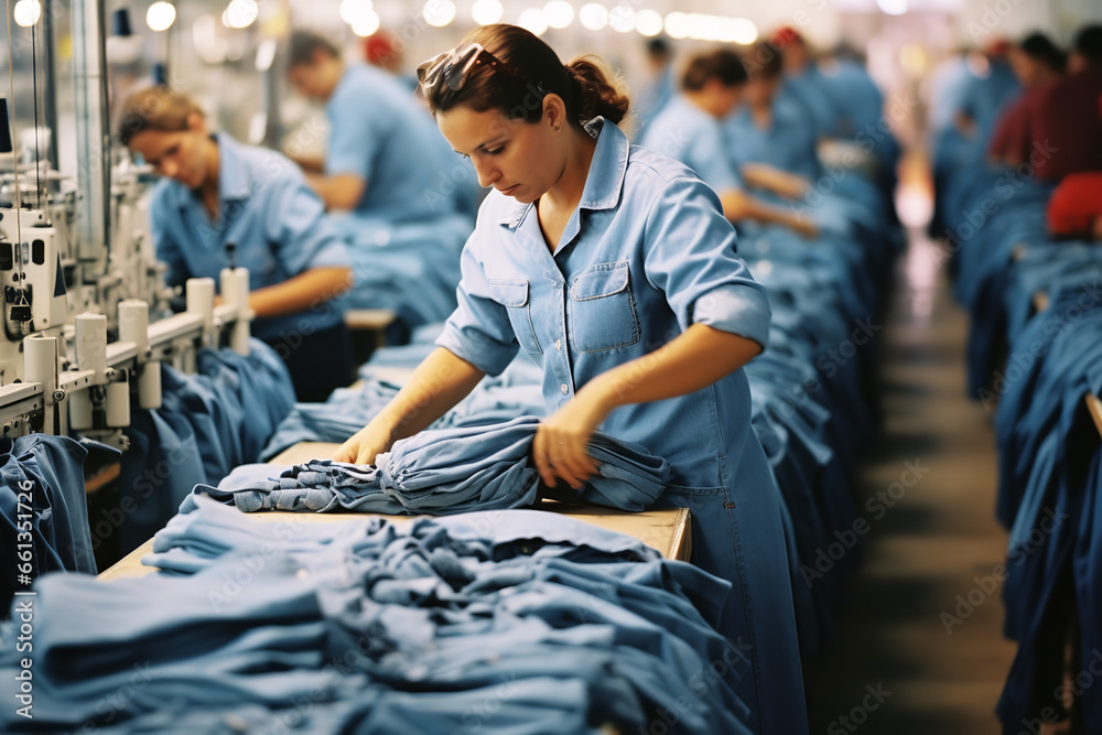 Workers in a denim factory handling large rolls of fabric, giving ...