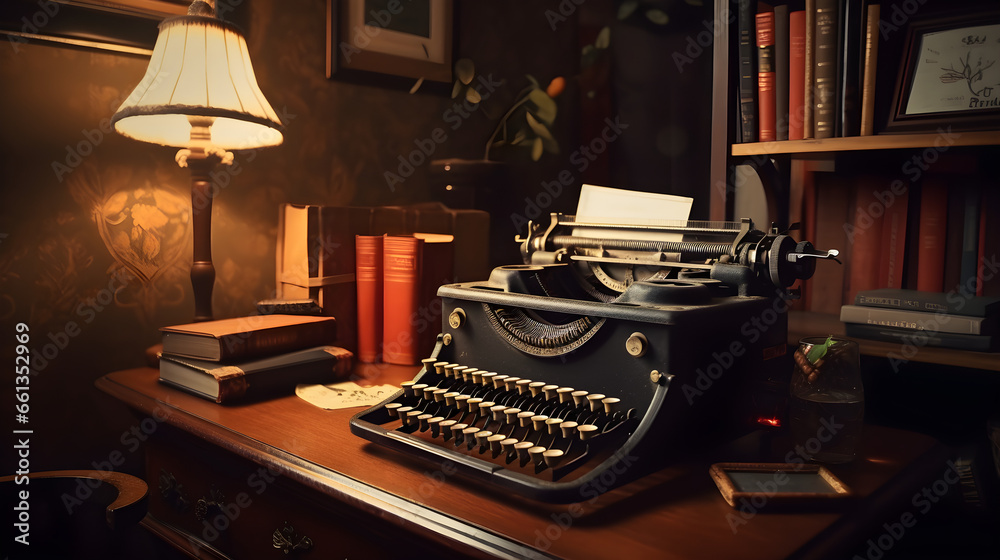 Vintage Writing Desk with Classic Typewriter, Lit Lamp, and Assorted ...