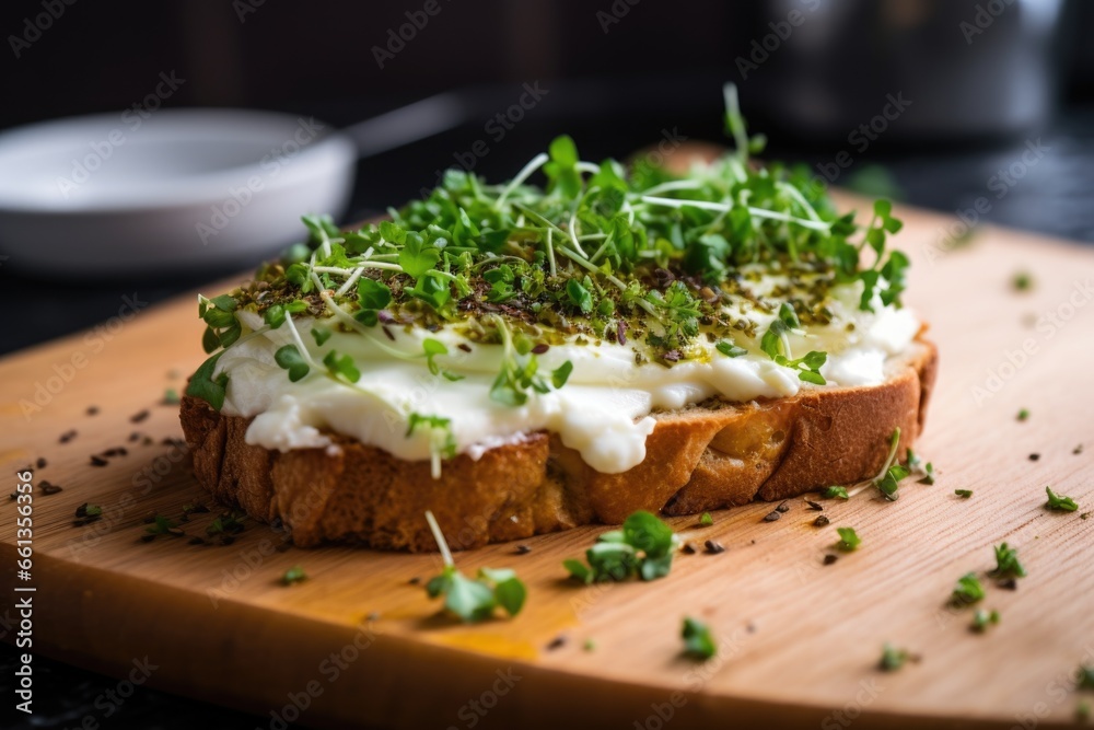 open-faced cheese sandwich with a sprinkle of herbs on top Stock Photo ...