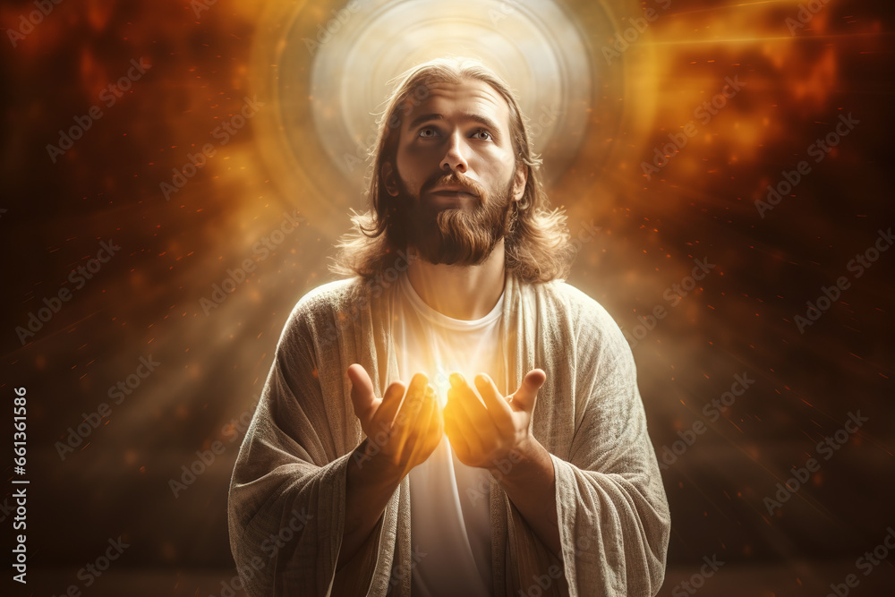 Biblical scene, Jesus Christ reaching out with open arms in the sky and ...