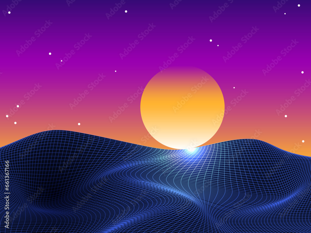 Futuristic neon retrowave background. Retro low poly grid landscape ...