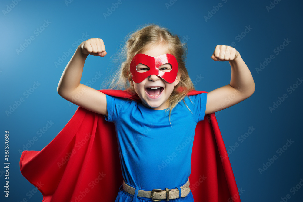 young girl child in a superhero costume, striking a triumphant pose ...