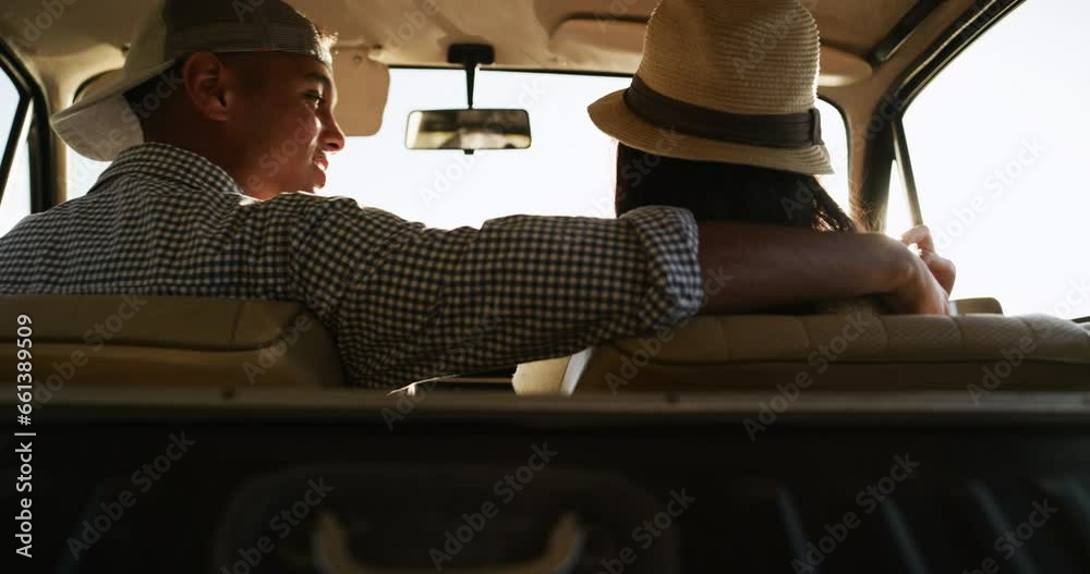 Couple in car, kiss and road trip with love and romance, travel and ...