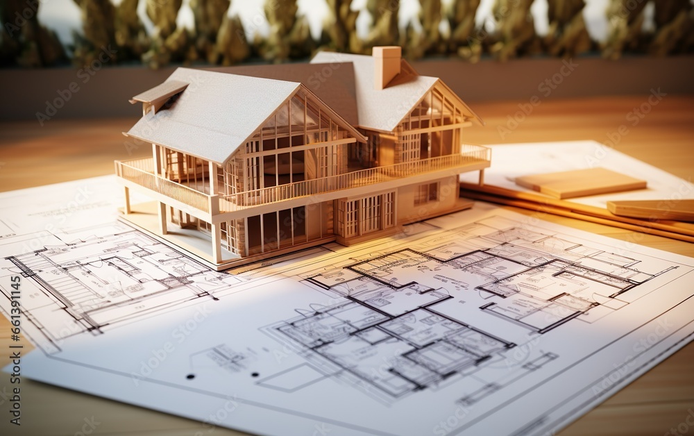 3d small house model on top of blueprints, floor plan. Drawing tools on ...
