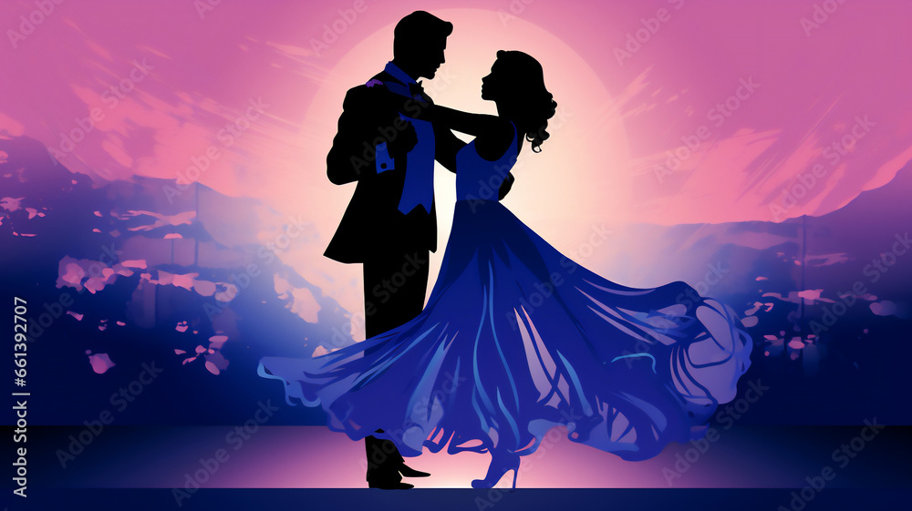 Purple silhouette of ballroom dancers who are dancing as a couple ...
