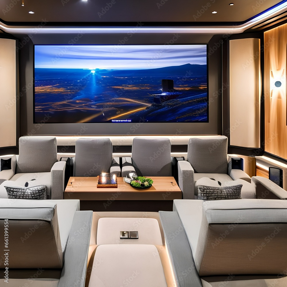 A high-tech, home cinema with a 4K projector, plush theater seating ...