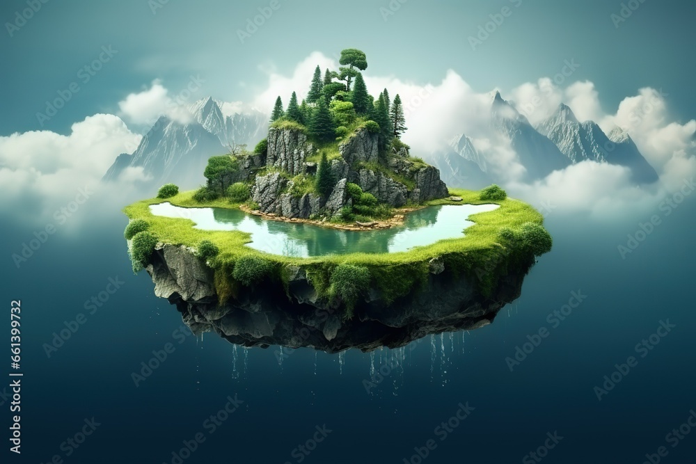 Flying green forest land with trees, green grass, mountains, blue water ...