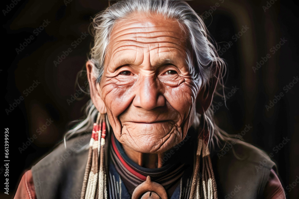 Centenarian Native American old man, over 100 years old, gently smiling ...