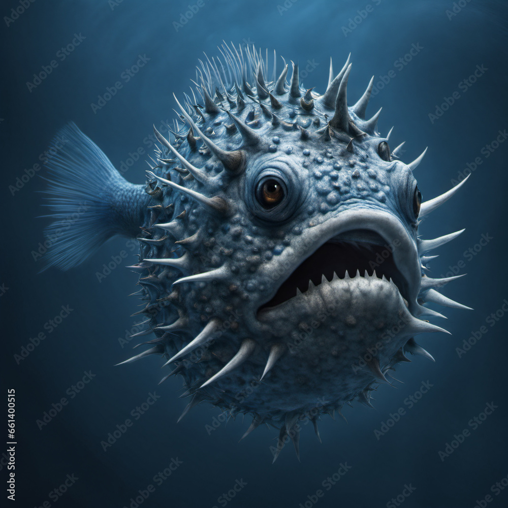 The blue devil fish has sharp spines and lives in the deep sea Stock ...
