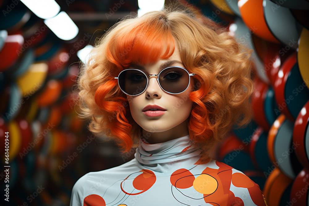 Fashion retro futuristic girl on circle pop art background. Woman in ...