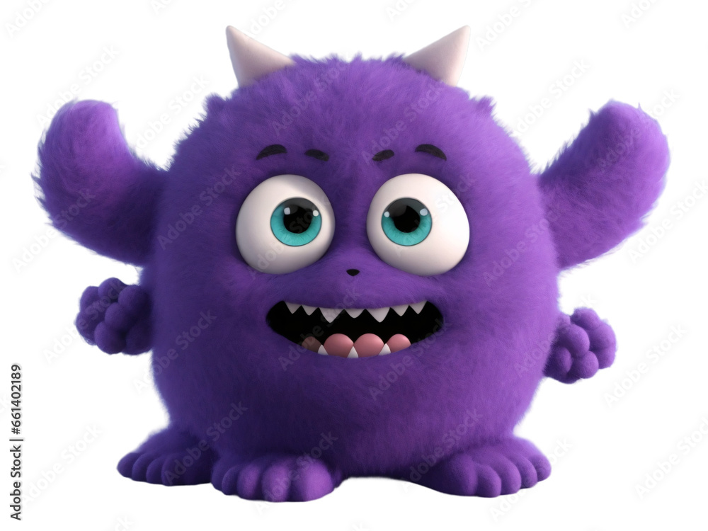 Cute and funny purple monster 3D cartoon character on transparent ...