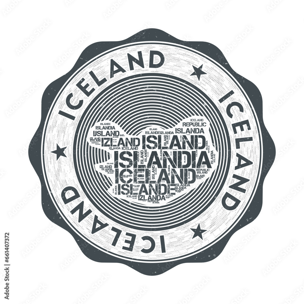 Iceland seal. Country round logo with shape of Iceland and country name ...
