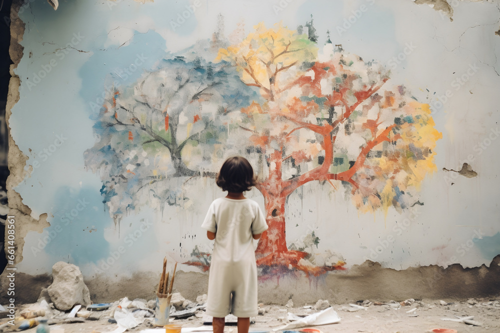 A child painting a mural on the wall of a bombed-out building. The ...