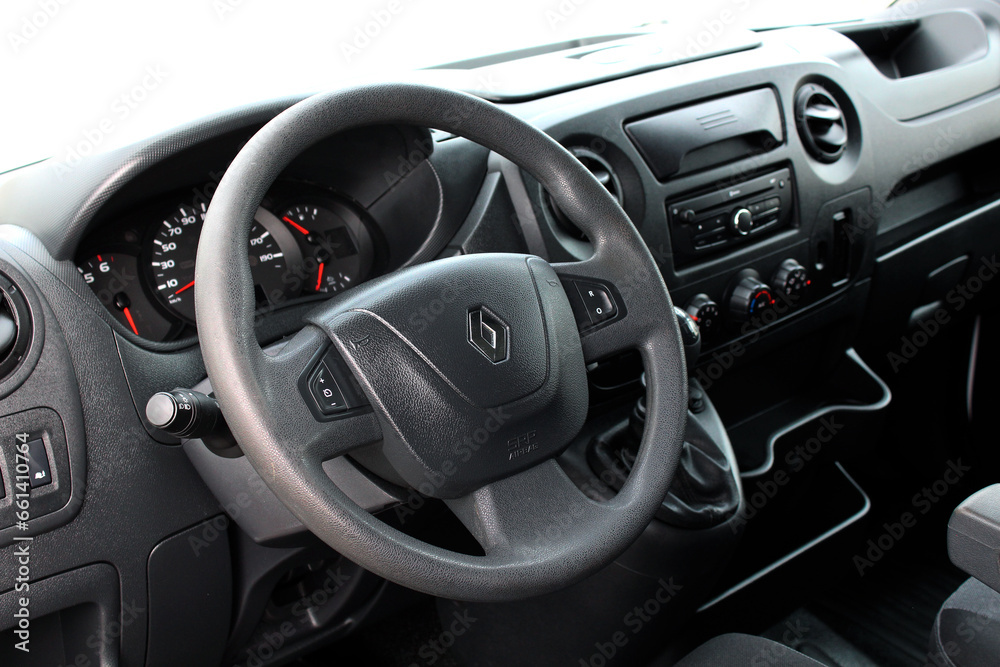 Vinnytsia, Ukraine; October 10, 2023. Renault Master steering wheel ...
