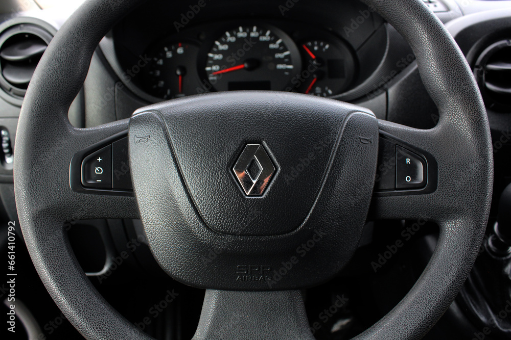 Vinnytsia, Ukraine; October 10, 2023. Renault Master steering wheel ...