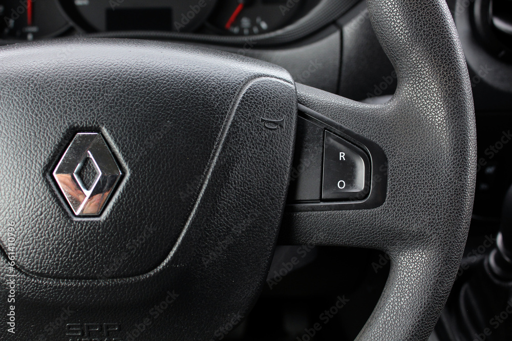 Vinnytsia, Ukraine; October 10, 2023. Renault Master steering wheel ...