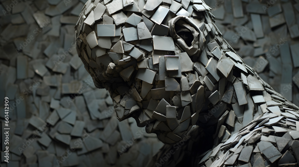 Create a powerful visual representation of a shattered human figure ...