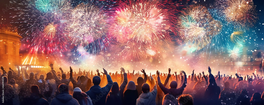 New Year concept cheering crowd and fireworks , crowd of people came to ...