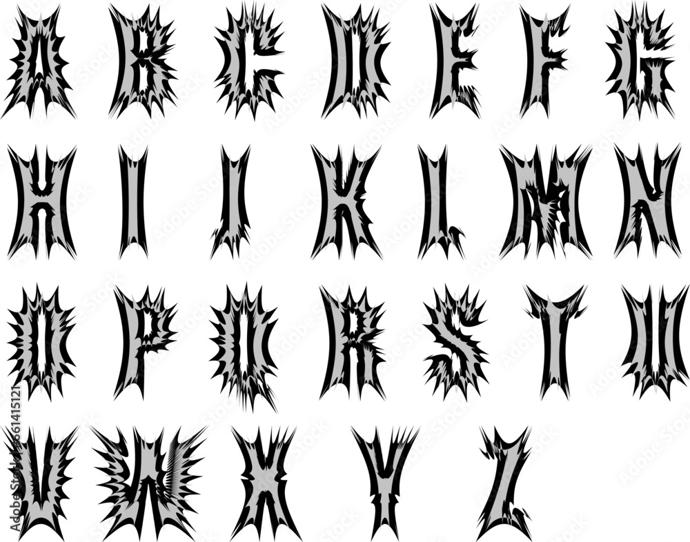 Alphabet font with sharp letters in punk or rock music style. Graffiti ...