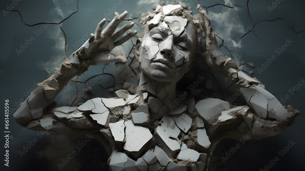 Showcase a broken human form in the process of rebuilding, with each ...