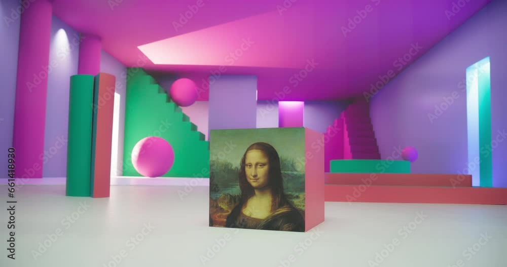 Zoom in Shot of the Painting of the Mona Lisa Printed on a Cube and ...