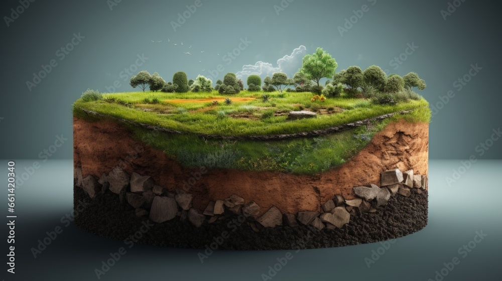 3D Illustration round soil ground cross section with earth land and ...