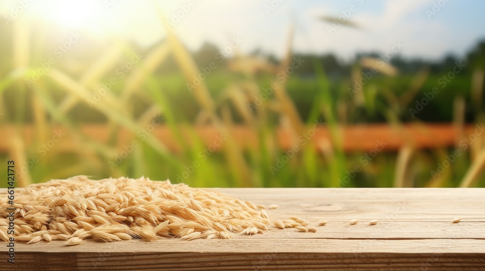 Wooden table top on blur rice field background in daytime.Harvest rice ...