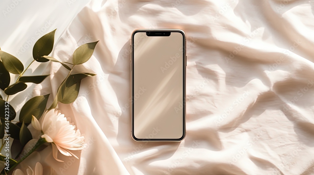 Mobile phone with blank screen mock up on a neutral beige linen ...