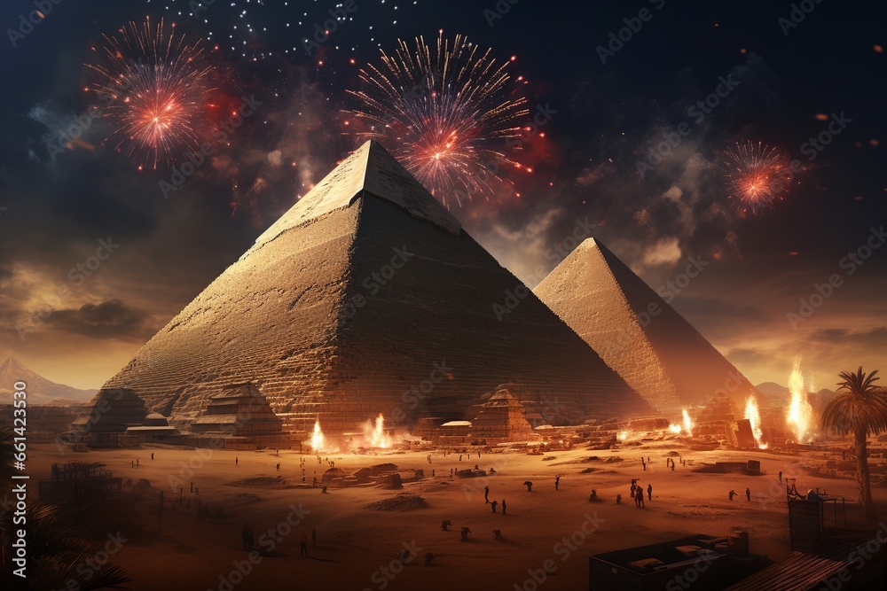 the pyramid of giza with fire works. Stock Photo | Adobe Stock