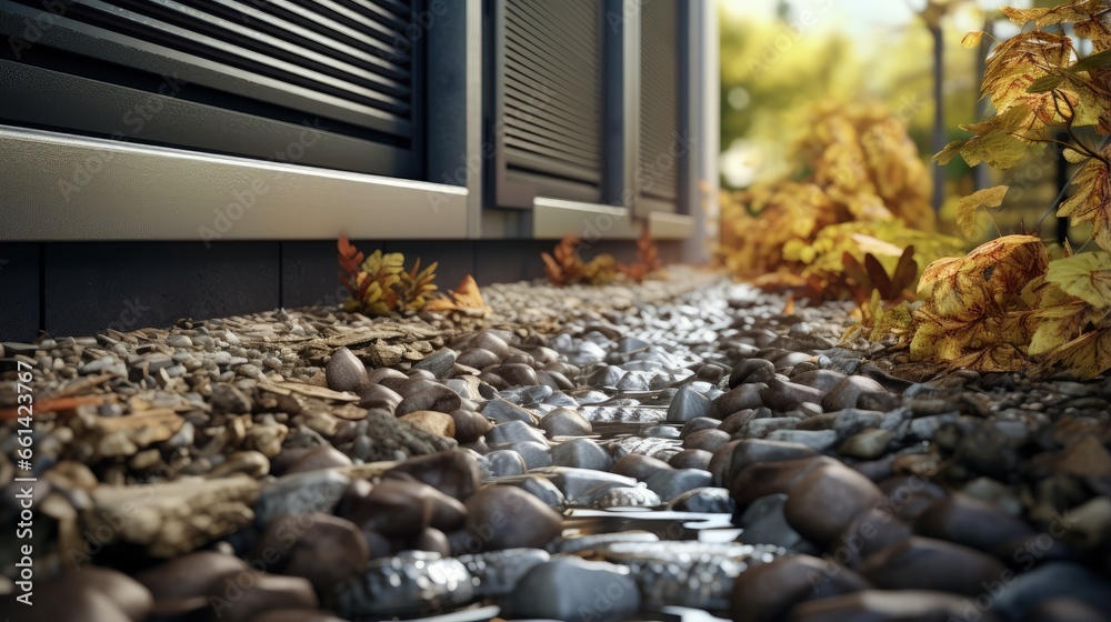 French drain with water Stones near House Wall Windows. Drainage system ...