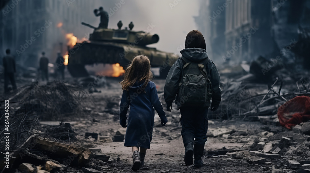 War concept, Two homeless little kids in a destroyed city, soldiers ...