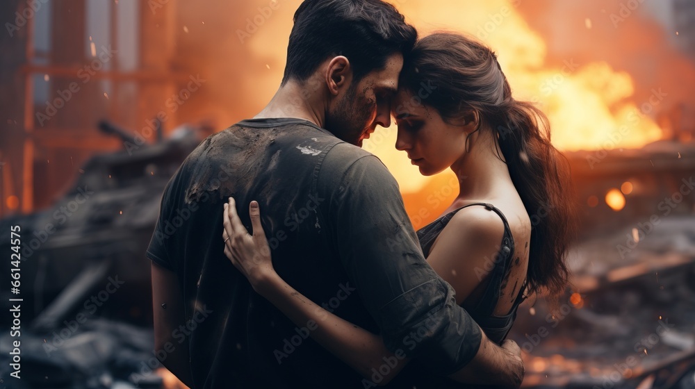 Couple embracing in a destroyed city with fire, war, destruction, love ...