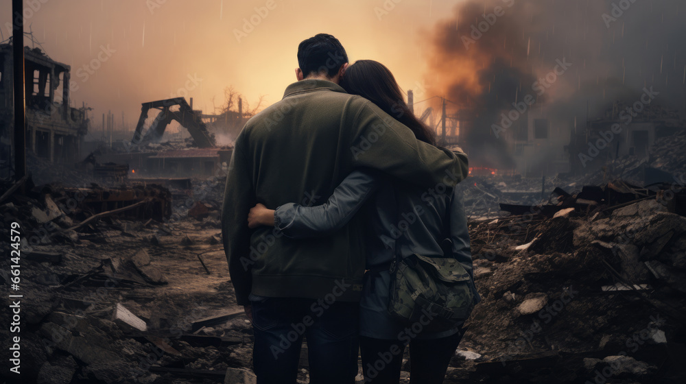 Couple embracing in a destroyed city with fire, war, destruction, love ...