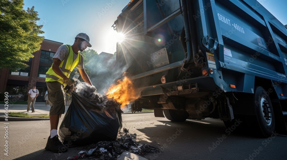 A recycling worker stands smiling and looks at the camera next to a ...