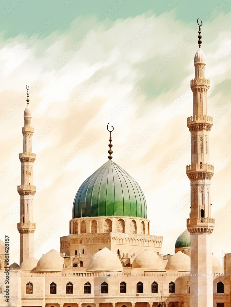 Fototapeta Nabawi Mosque, minarets and domes, rendered in impressionism ...