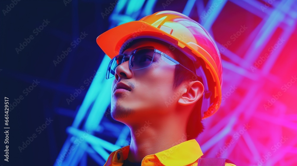 Asian male civil engineer side view, pop art, graffiti pop culture ...
