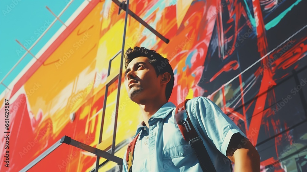 Asian male civil engineer side view, pop art, graffiti pop culture ...