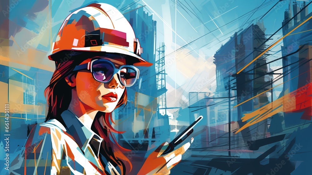 Female engineer reads digital blueprints near construction site vector ...