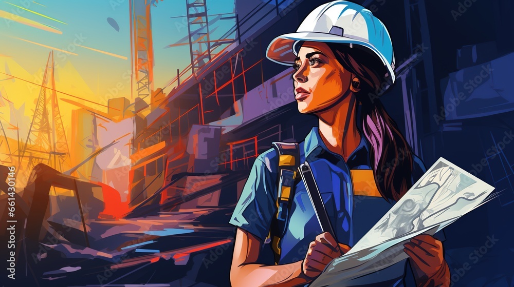 Female engineer reads digital blueprints near construction site vector ...