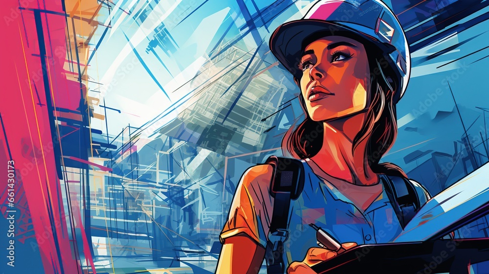 Female engineer reads digital blueprints near construction site vector ...