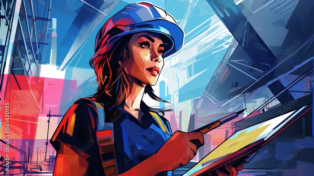 Female engineer reads digital blueprints near construction site vector ...