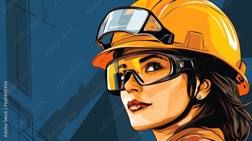 Female engineer reads digital blueprints near construction site vector ...