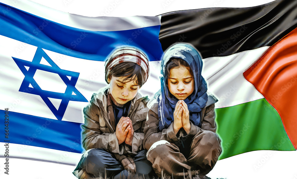 an israel kid and a gaza kid praying infront Palestinian flag and ...