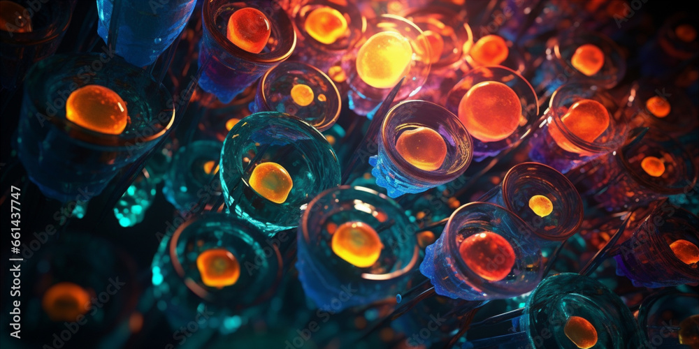 cells brightly colored cells glowing under the microscope Stock ...