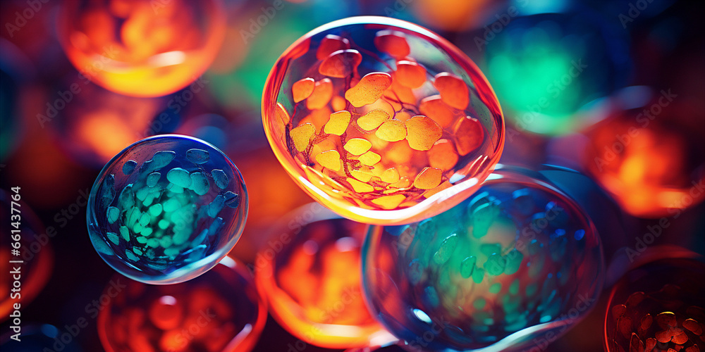 cells brightly colored cells glowing under the microscope Stock ...