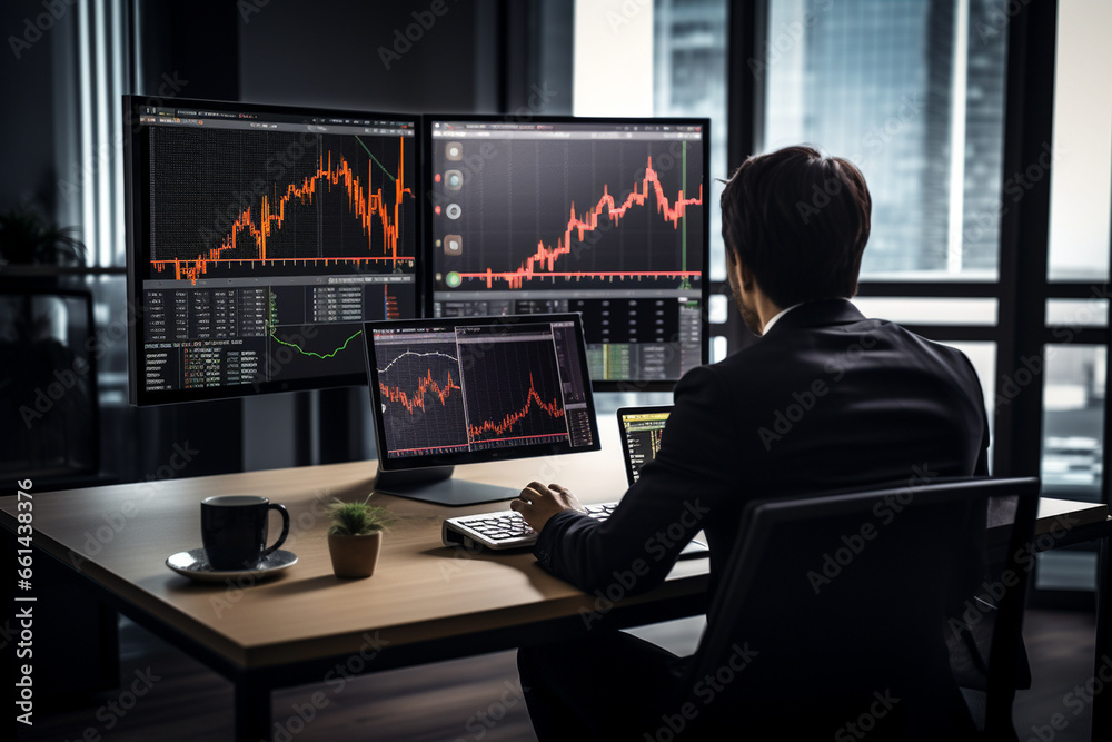 In a minimalist trading room, a woman trader studies price charts on a ...