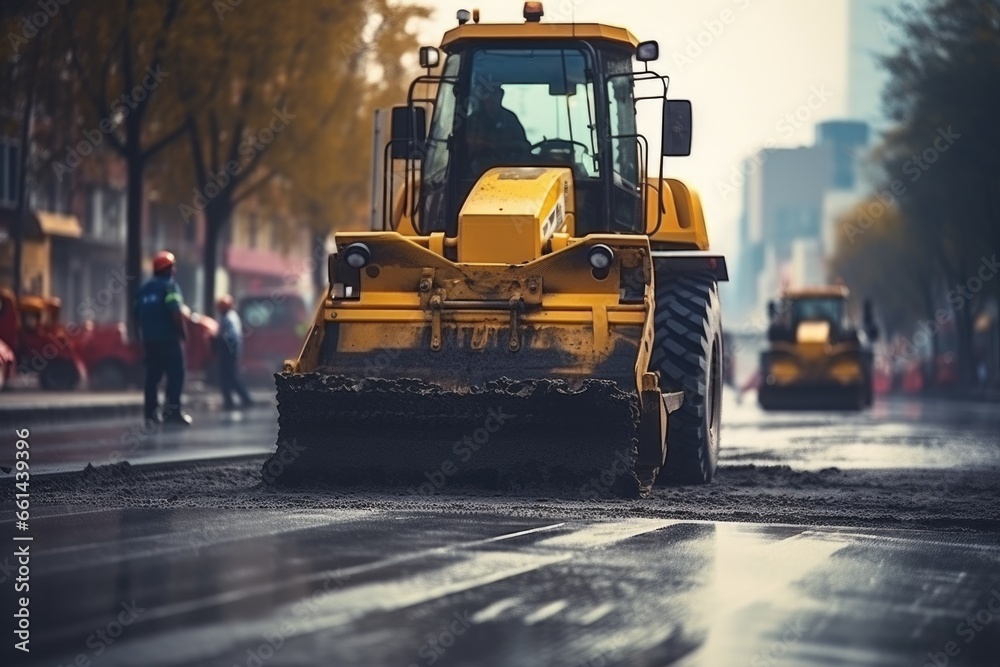 A yellow bulldozer is driving down a wet street. This image can be used ...